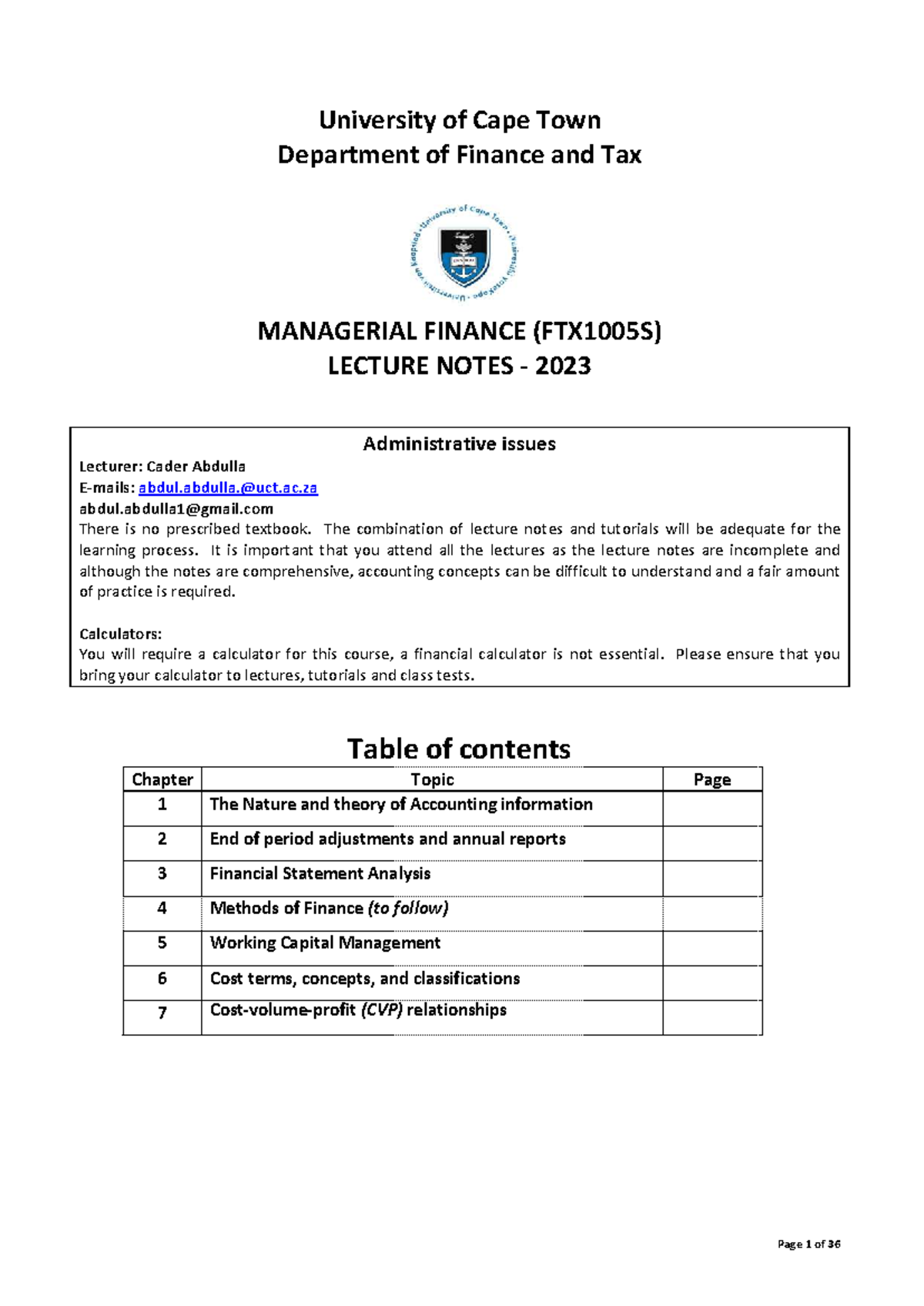 2023 FTX1005S Managerial Finance Lecture Notes: Chapter 1 Overview ...