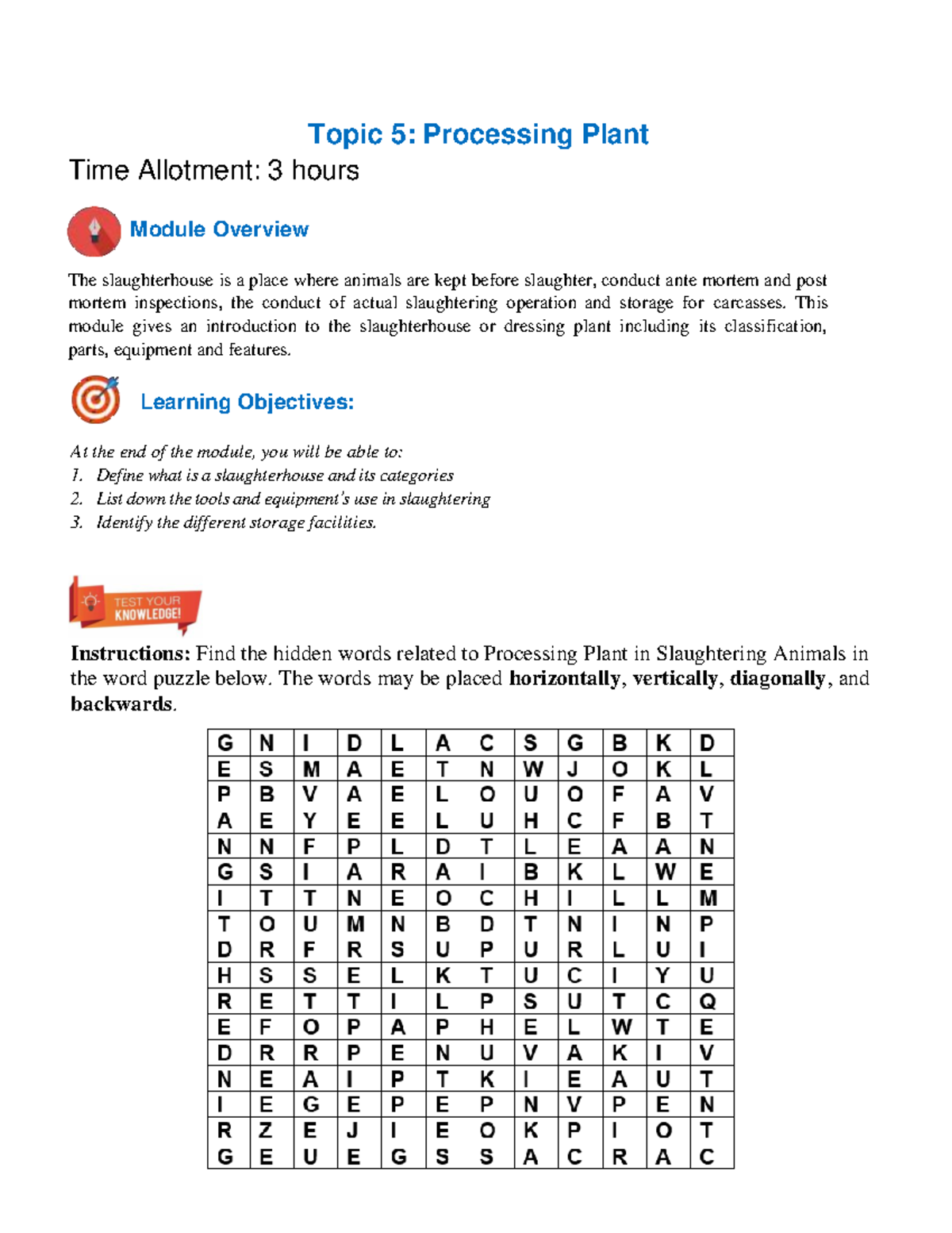 Topic 5 Processing Plant - Topic 5 : Processing Plant Time Allotment: 3 hours Module Overview ...