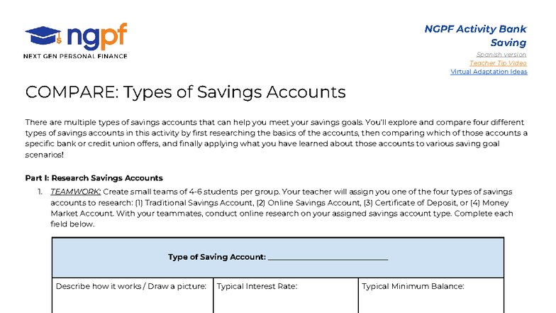 NGPF Activity Bank: Compare Types of Savings Accounts (Spanish Version ...