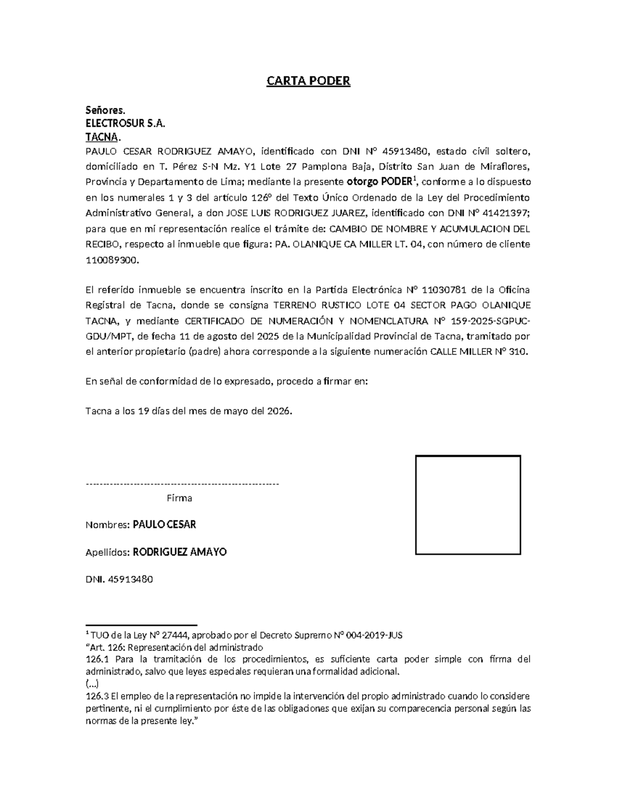 Carta Poder para Trámite de Cambio de Nombre - Electrosur S.A. - Studocu