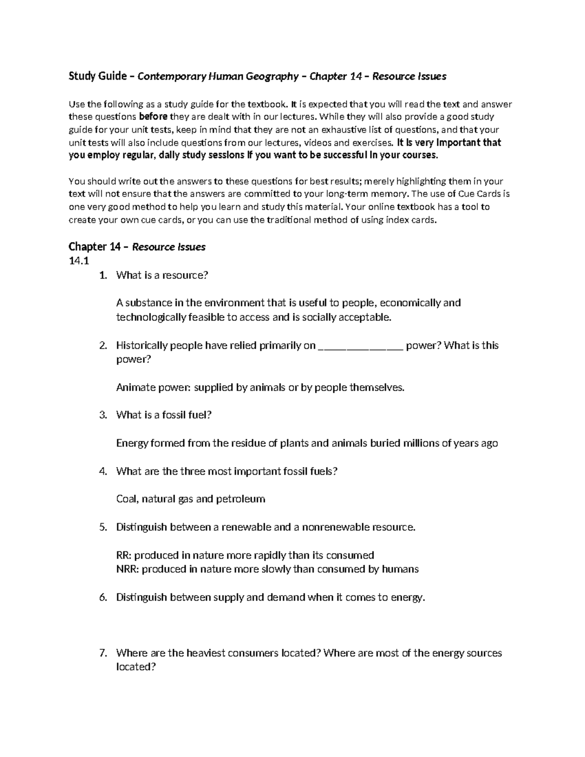 Contemporary Human Geography Study Guide - Chapter 14: Resource Issues ...