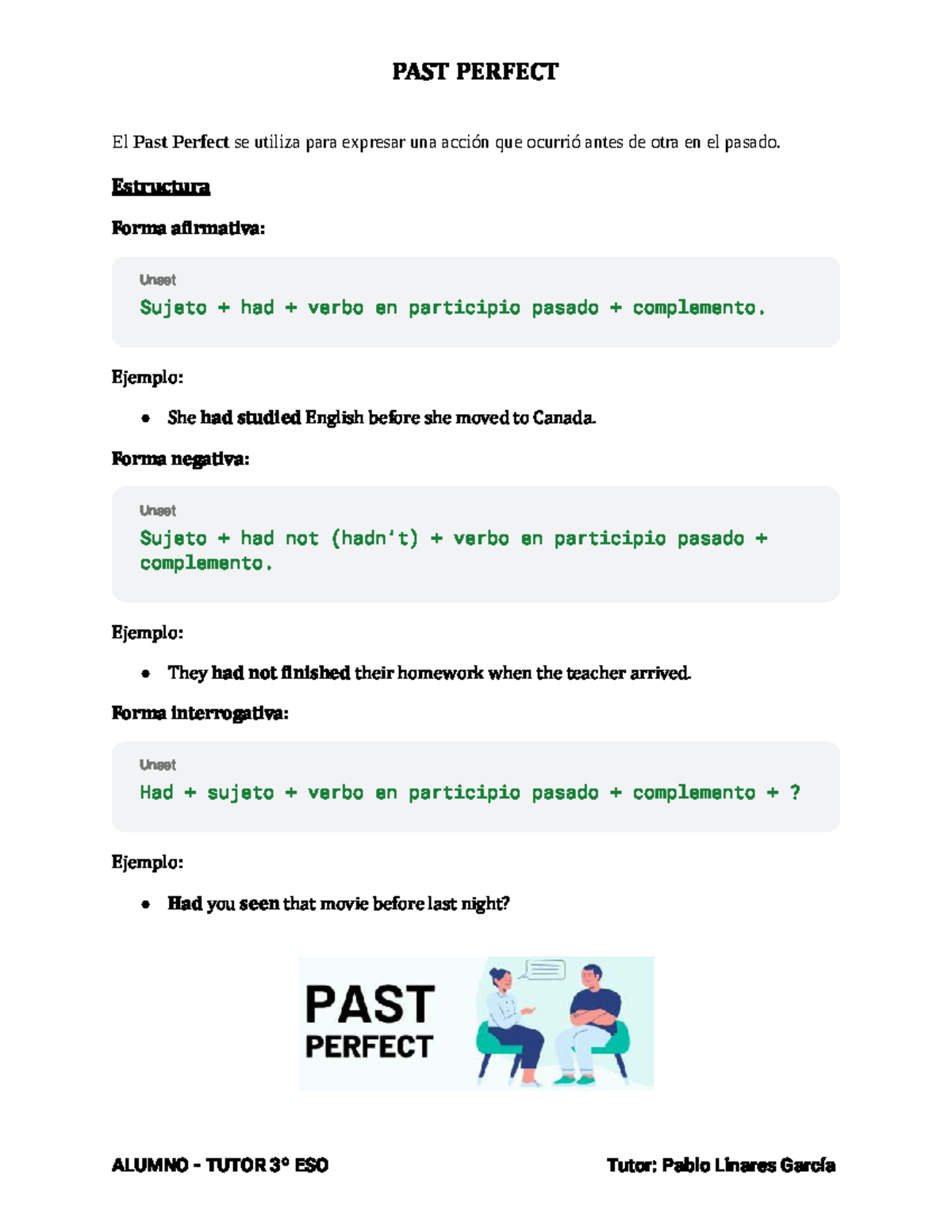 PAST PERFECT - Estructura y Ejemplos para 3° ESO - Studocu