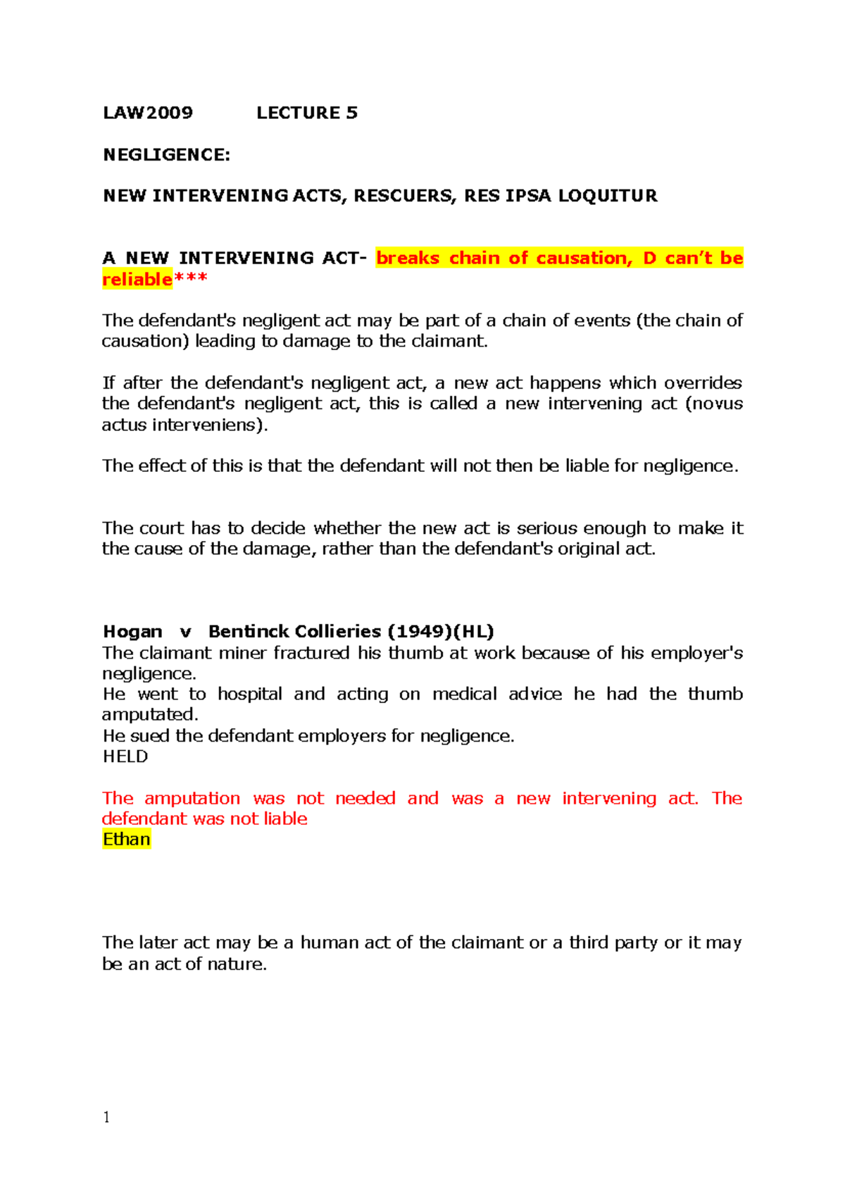 Tort Law Novus Actus - LAW2009 LECTURE 5 NEGLIGENCE: NEW INTERVENING ...