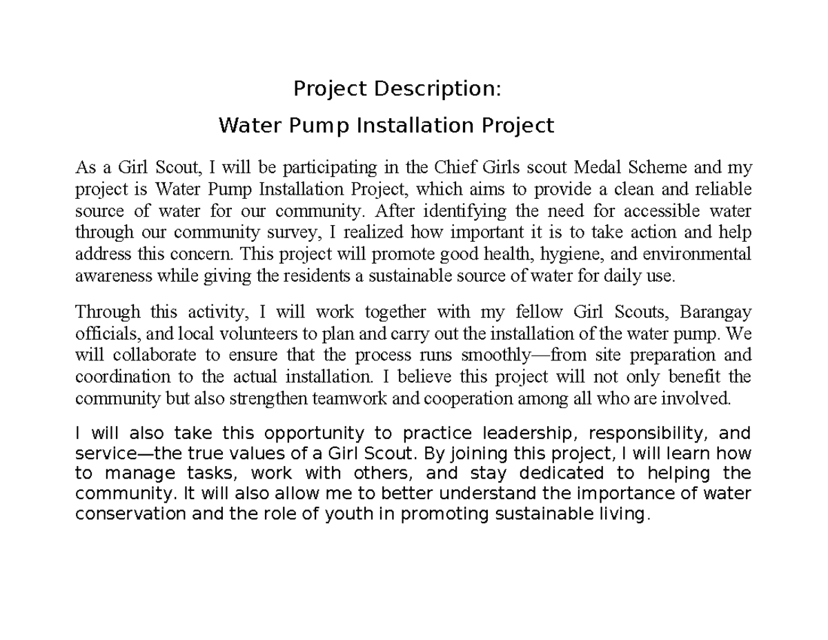 Water Pump Installation Project Description for CGSMS - Studocu