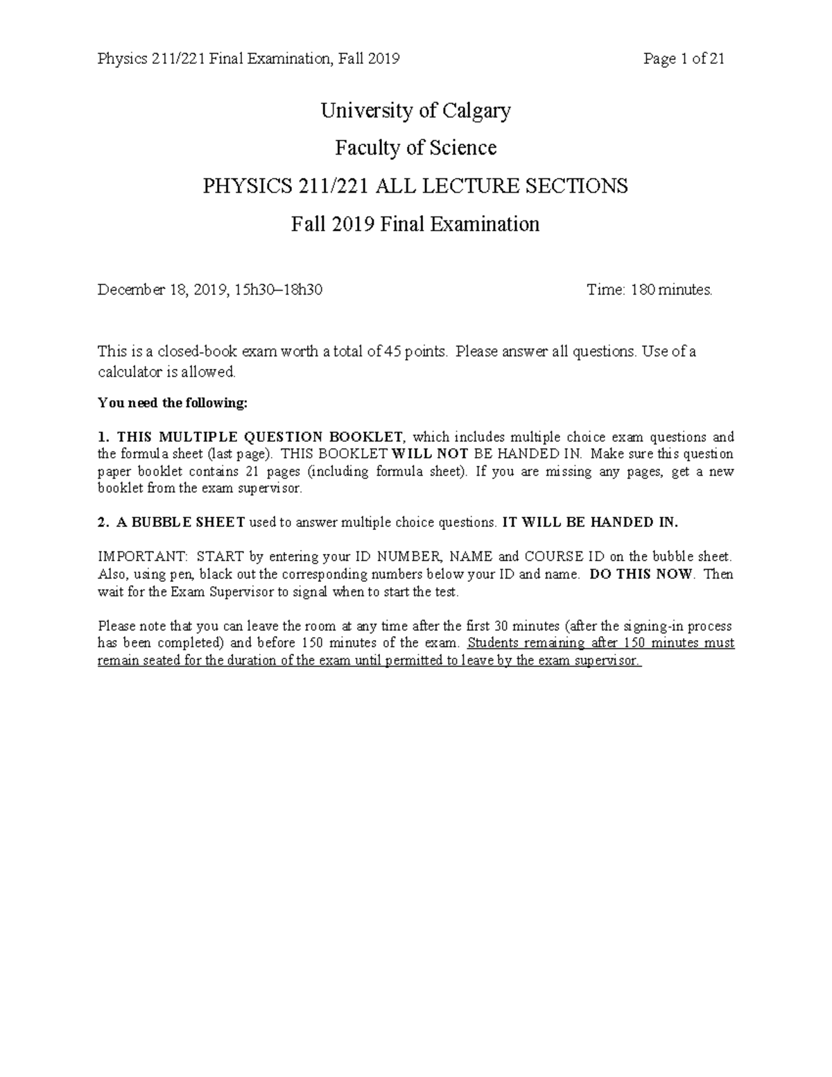 F2019 PHYS 211/221 Final Exam Review WITH Answers - Studocu