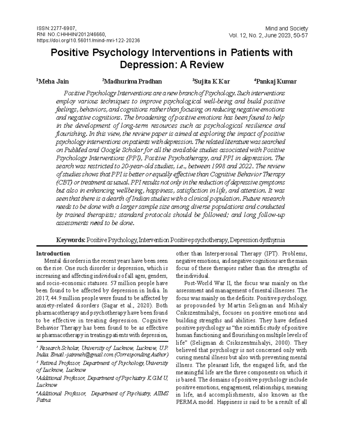 Positive Psychology Interventions for Depression: A Comprehensive ...