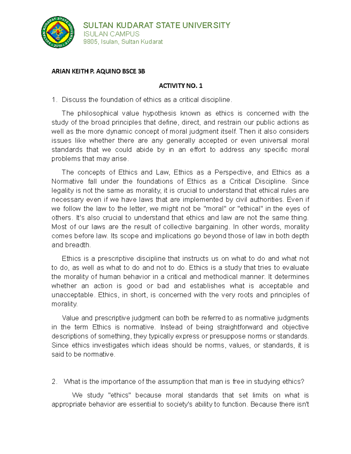 Activity NO. 1 - SULTAN KUDARAT STATE UNIVERSITY ISULAN CAMPUS 9805 ...