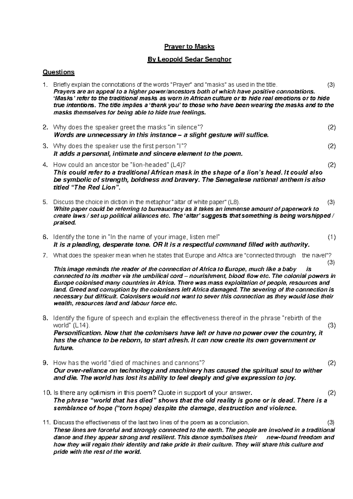 Prayer to masks memo questions and analysis - Studocu