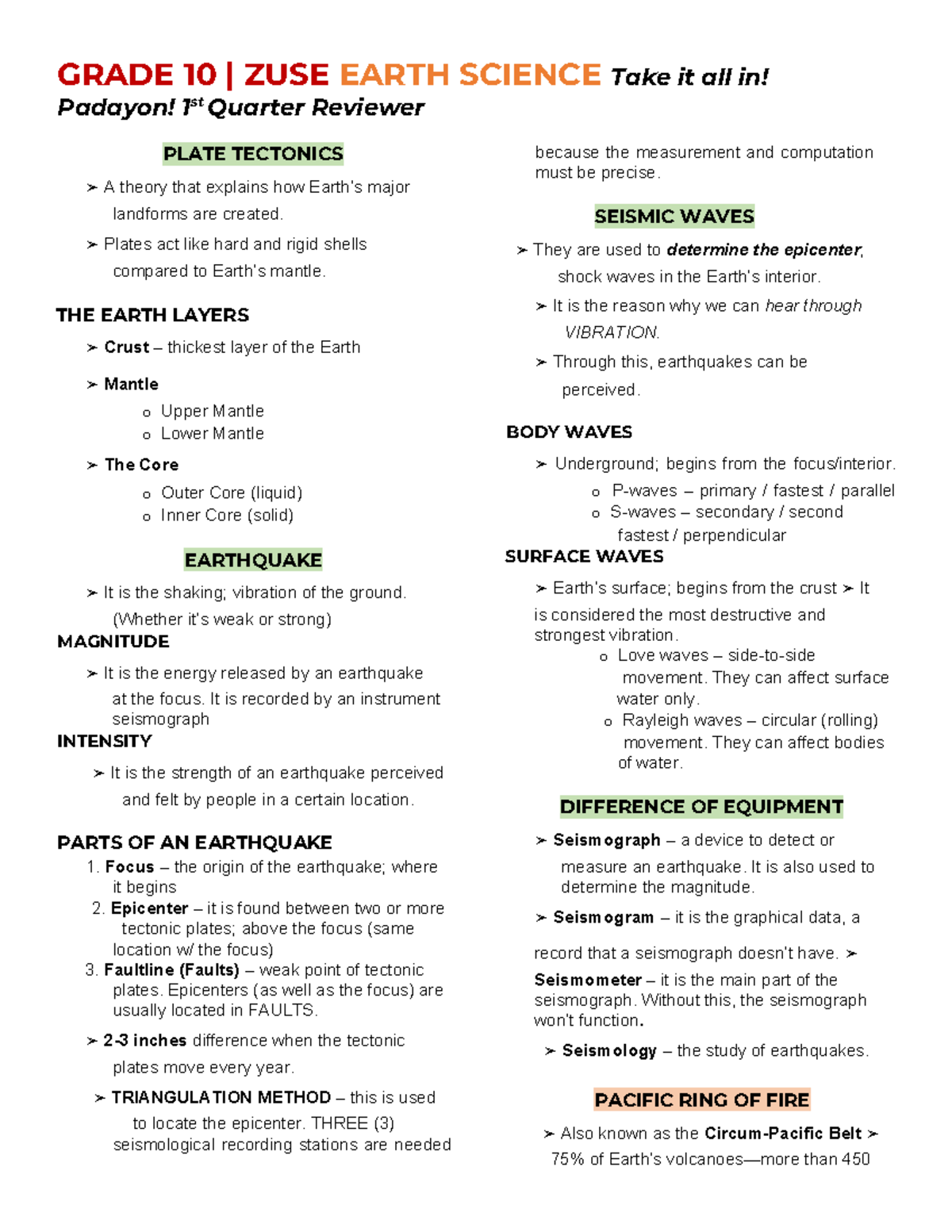 Science 10 - 1st Quarter Earth Science Plate Tectonics Reviewer - Studocu