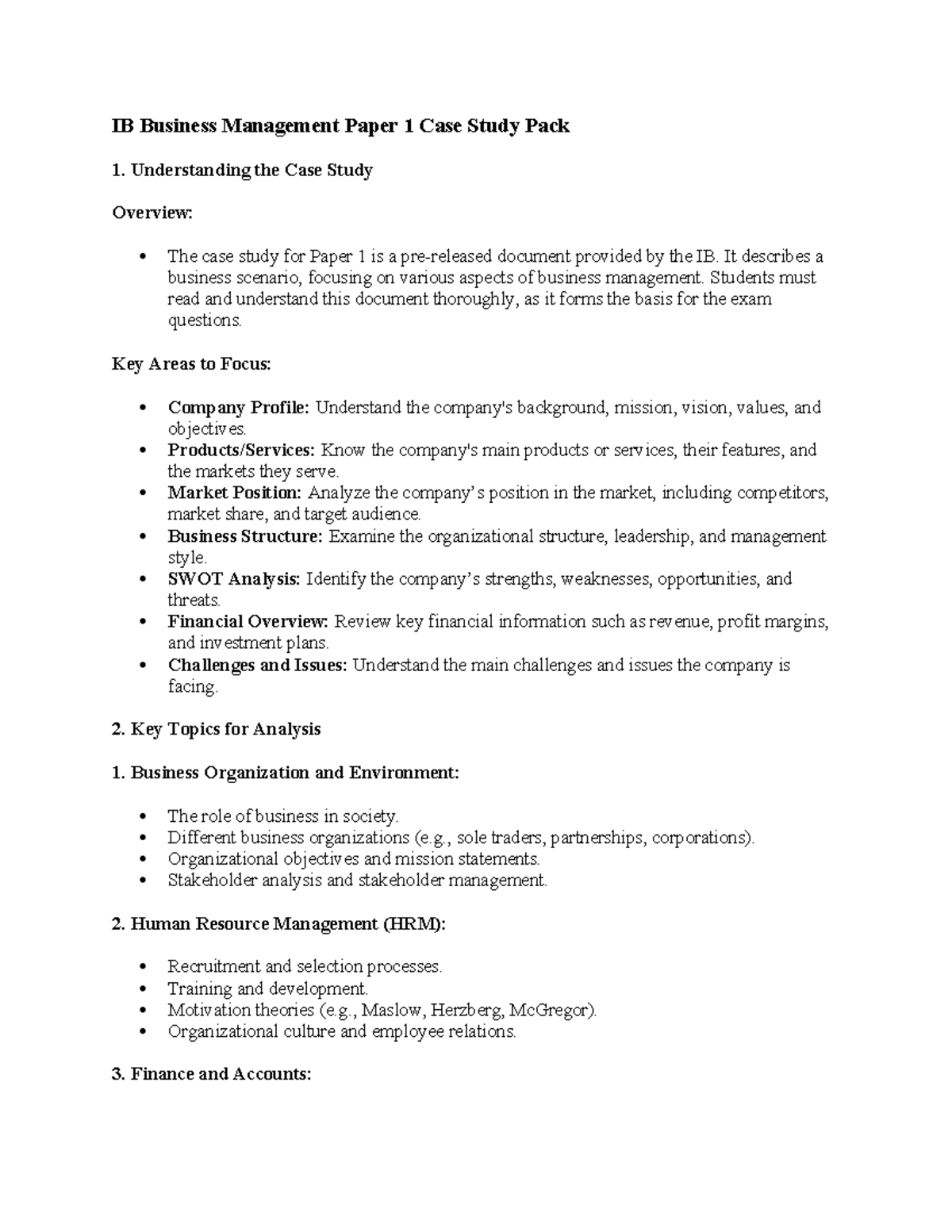IB Business Management Paper 1 Case Study Guide and Analysis Notes ...