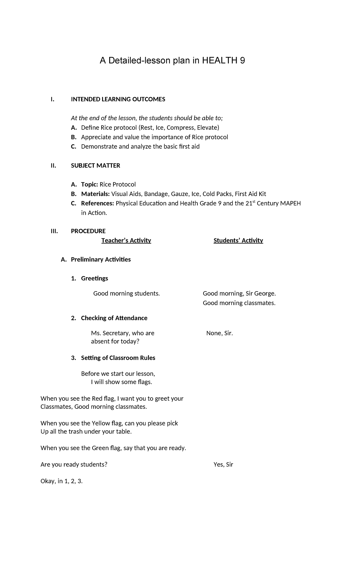 Lesson PLAN IN Health - A Detailed-lesson plan in HEALTH 9 I. INTENDED ...