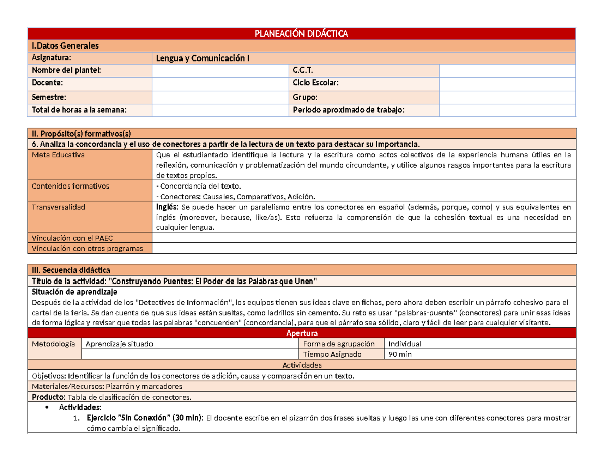 Planificación Didáctica I: Conectores y Concordancia en Lengua y Comunicación I - Studocu