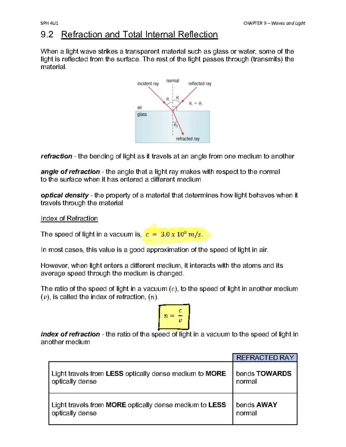 SPH 4U1 CHAPTER 9.2 Refraction & Total Internal Reflection Notes - Studocu