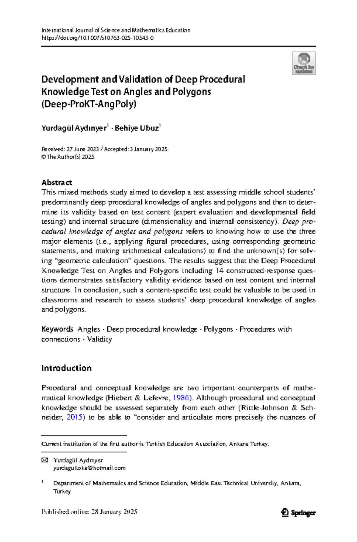 Development and Validation of Deep Procedural Knowledge Test on Angles ...