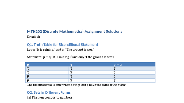 MTH202 Discrete Math Assignment Solutions by Dr. Zubair - Studocu