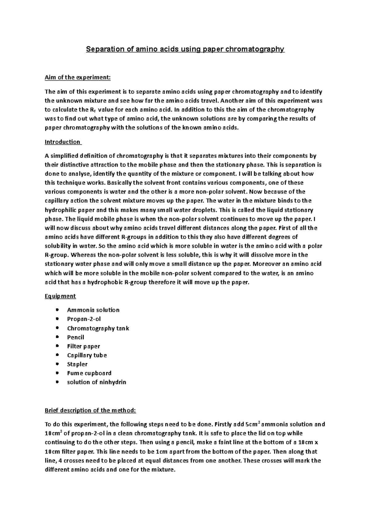 Paper Chromatography Of Amino Acids Evaluation