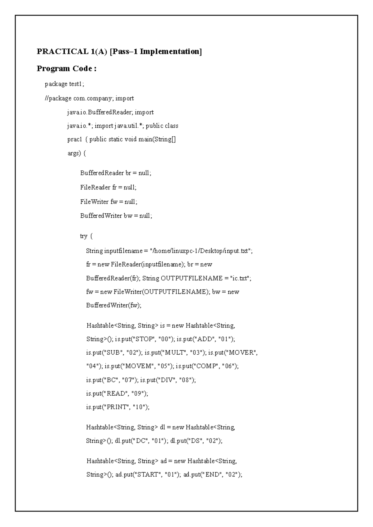 SPOS Practicals 1 TO 4-Machine - PRACTICAL 1(A) [Pass–1 Implementation ...