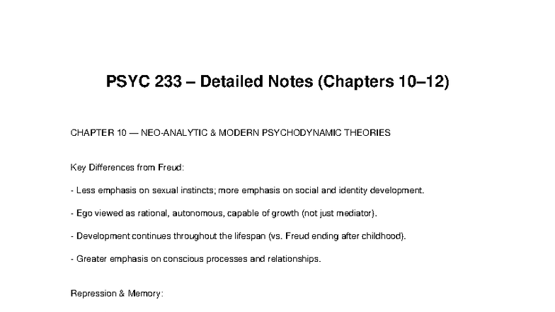 PSYC 233 Ch10-11 Detailed Notes on Modern Psychodynamic Theories - Studocu