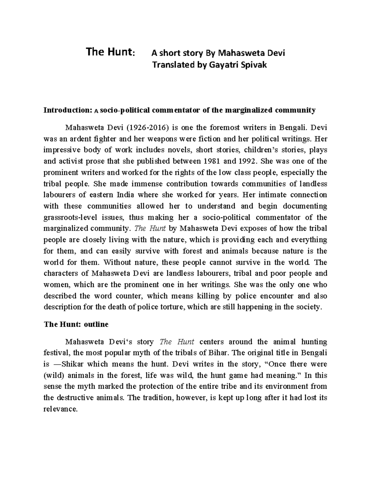 Mahasweta Devi's "The Hunt" - A Socio-Political Commentary on Tribal ...