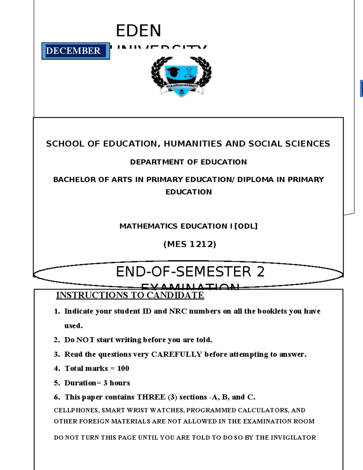 2025 PTD I Mathematics I DEC ODL Final Exam Review Guide - Studocu