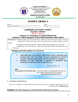 Teacher-made Science 4 Q1-week 4 Activity sheets with answer key ...