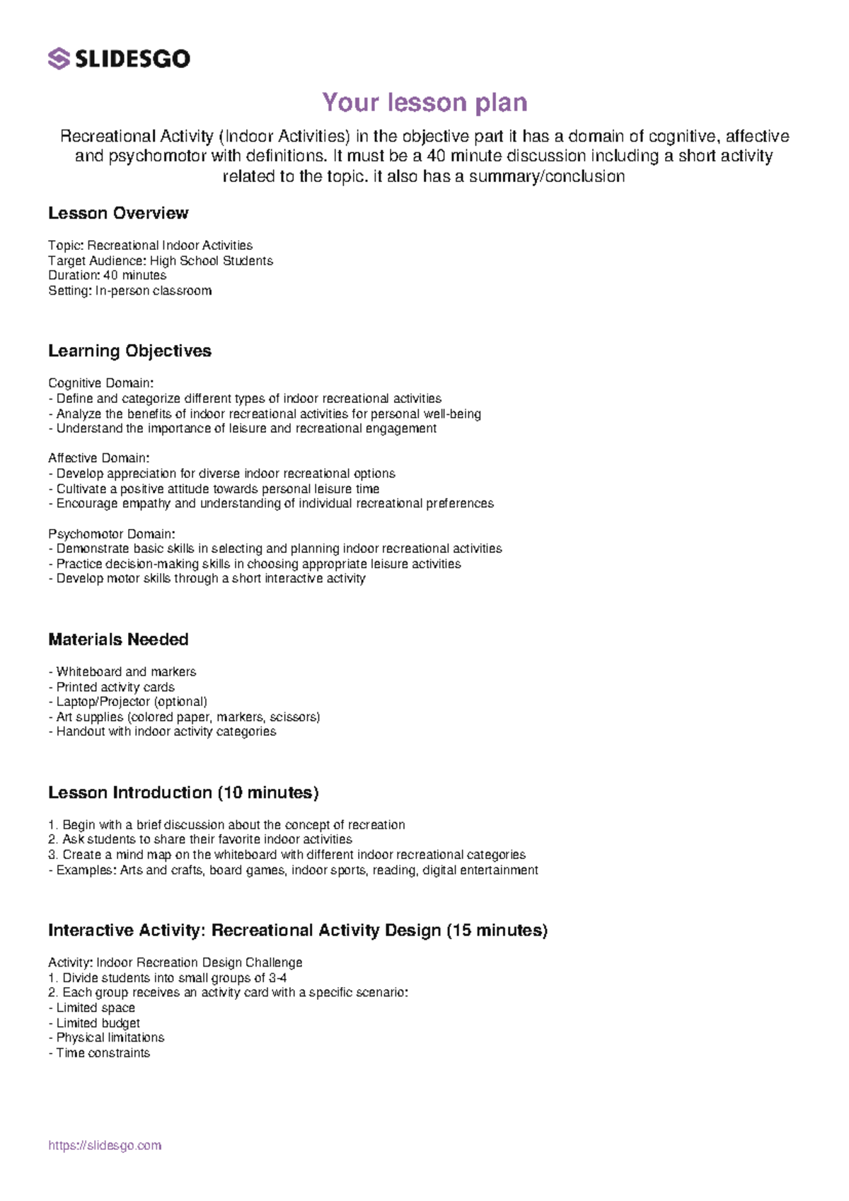 Slidesgo-lesson-plan - Your lesson plan Recreational Activity (Indoor ...