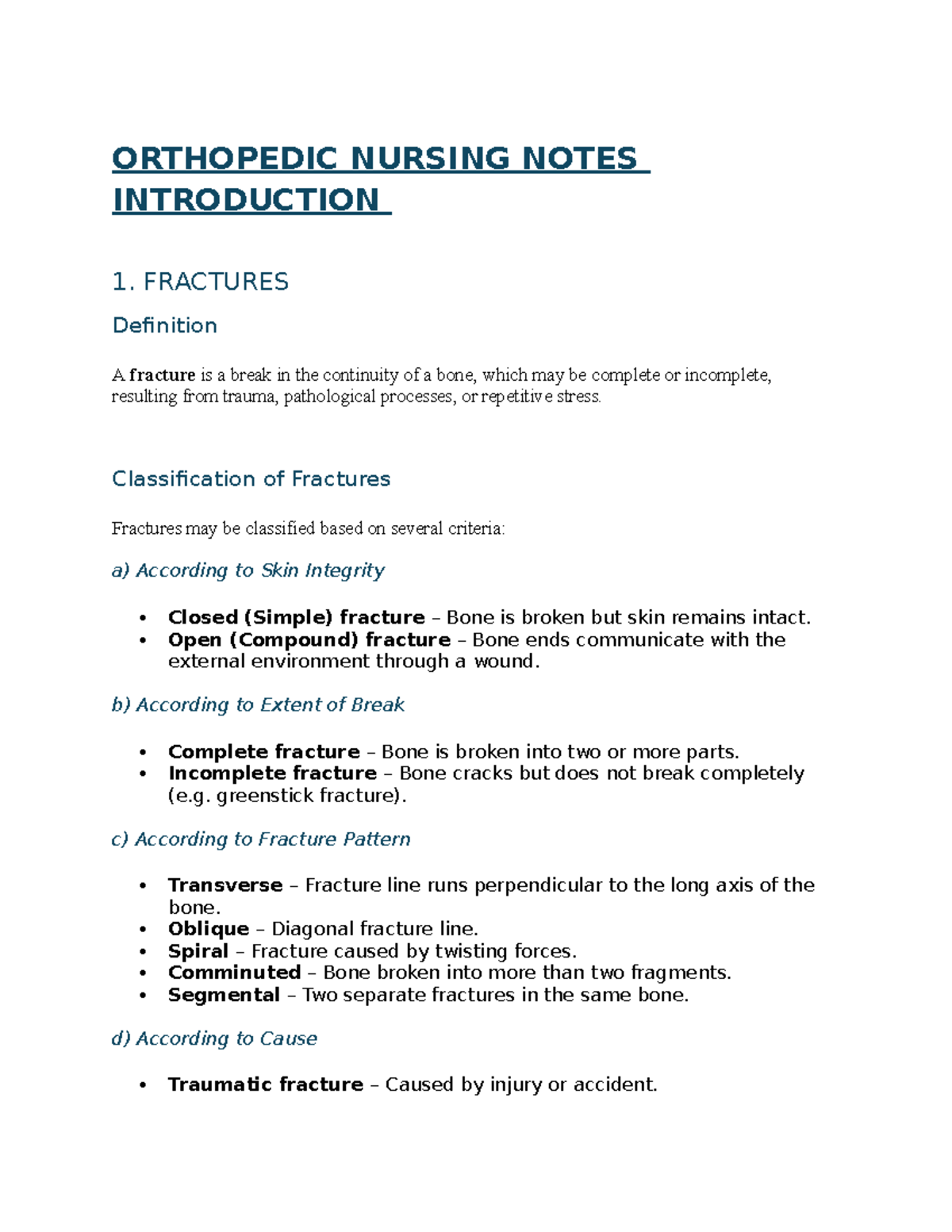 Orthopedic Nursing Notes: Introduction to Fractures and Healing - Studocu