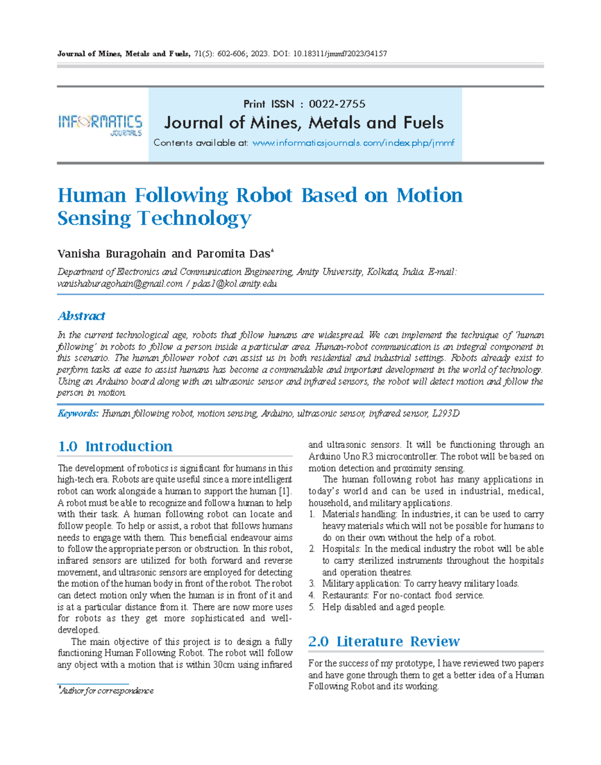 Human Following Robot Using Motion Sensing Tech - JMMF 71(5) 2023 - Studocu