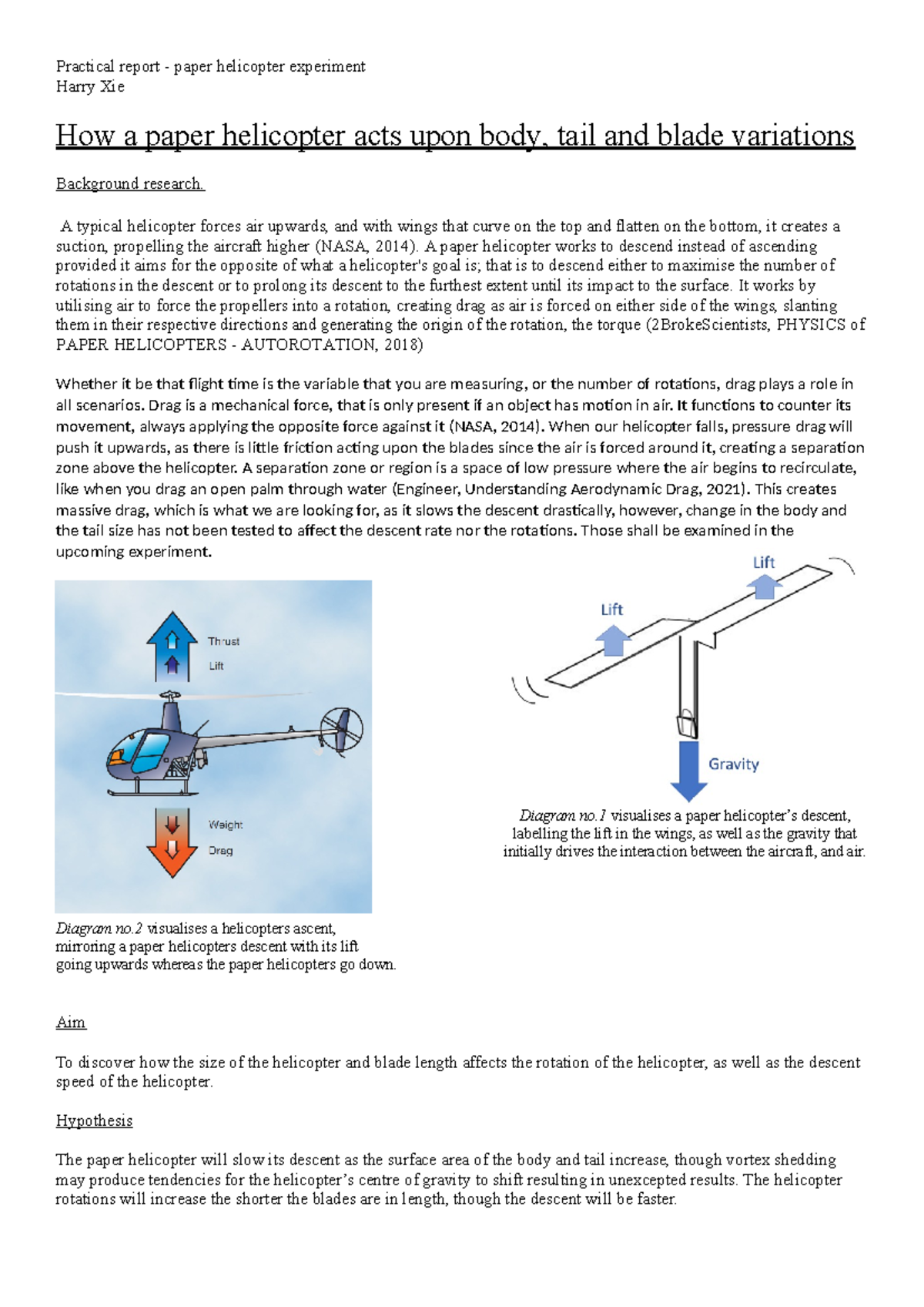 Practical Report: Paper Helicopter Experiment by Harry X (Physics 101 ...