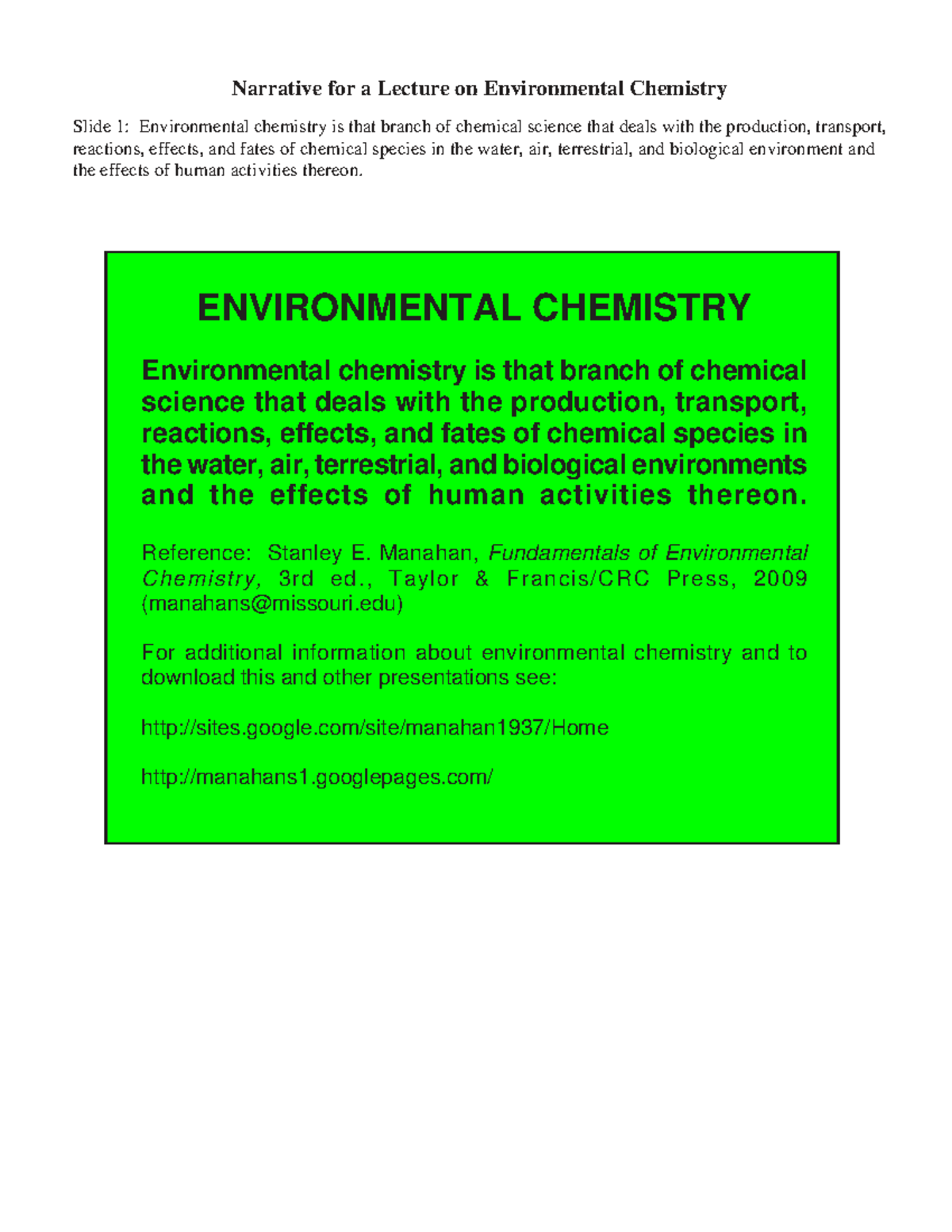 ENV 101: Lecture Notes on Environmental Chemistry Basics - Studocu