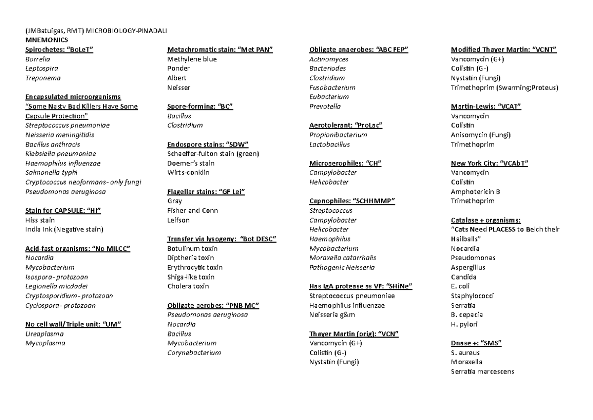 Microbiology Mnemonics Study Guide (JMBatuigas, RMT) - Studocu