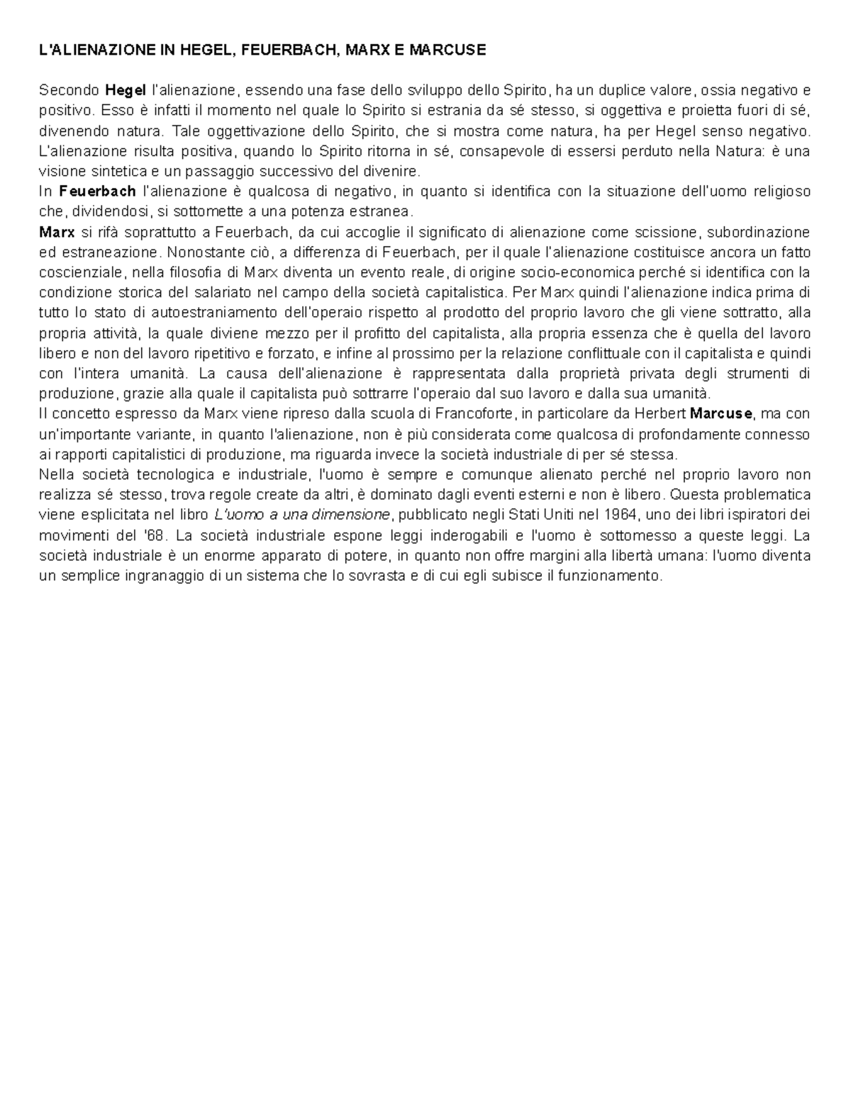 L' Alienazione in Hegel, Feuerbach, Marx e Marcuse: Una Analisi ...