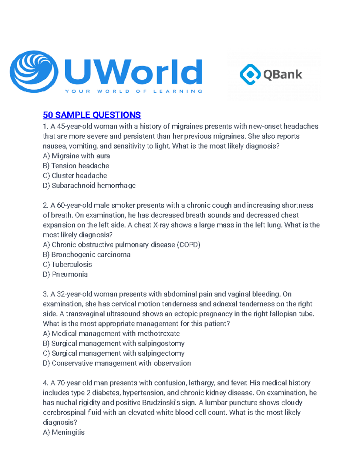Uworld Qbank - Medical Diagnosis Sample Questions for Review - Studocu