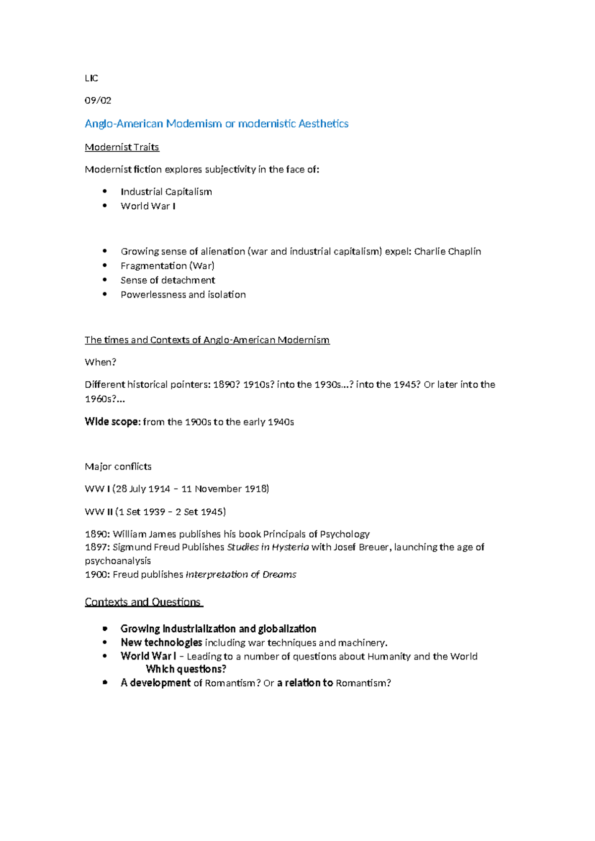 LIC Lecture Notes: Anglo-American Modernism & Related Texts - Studocu