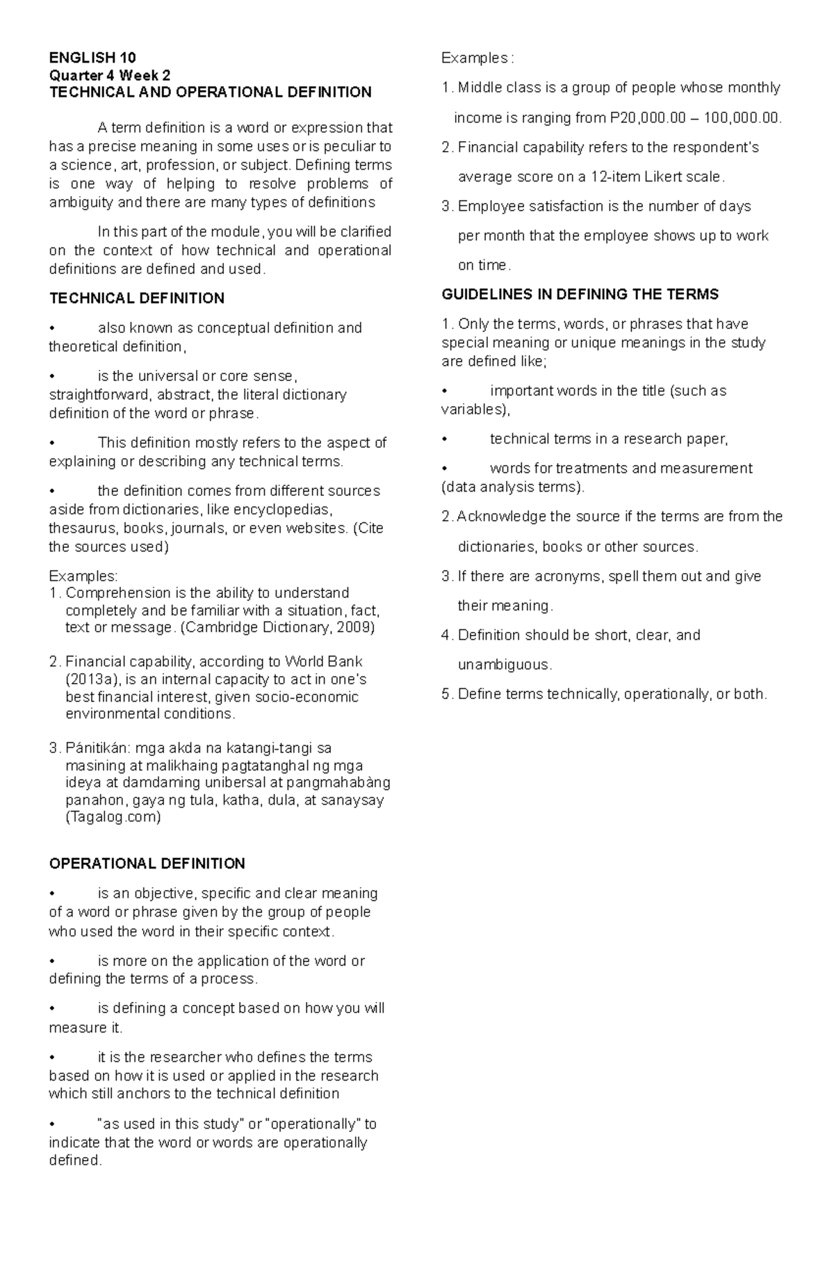 Handout Qtr 4 Week 2 ( Technical AND Operational Definition) - ENGLISH ...