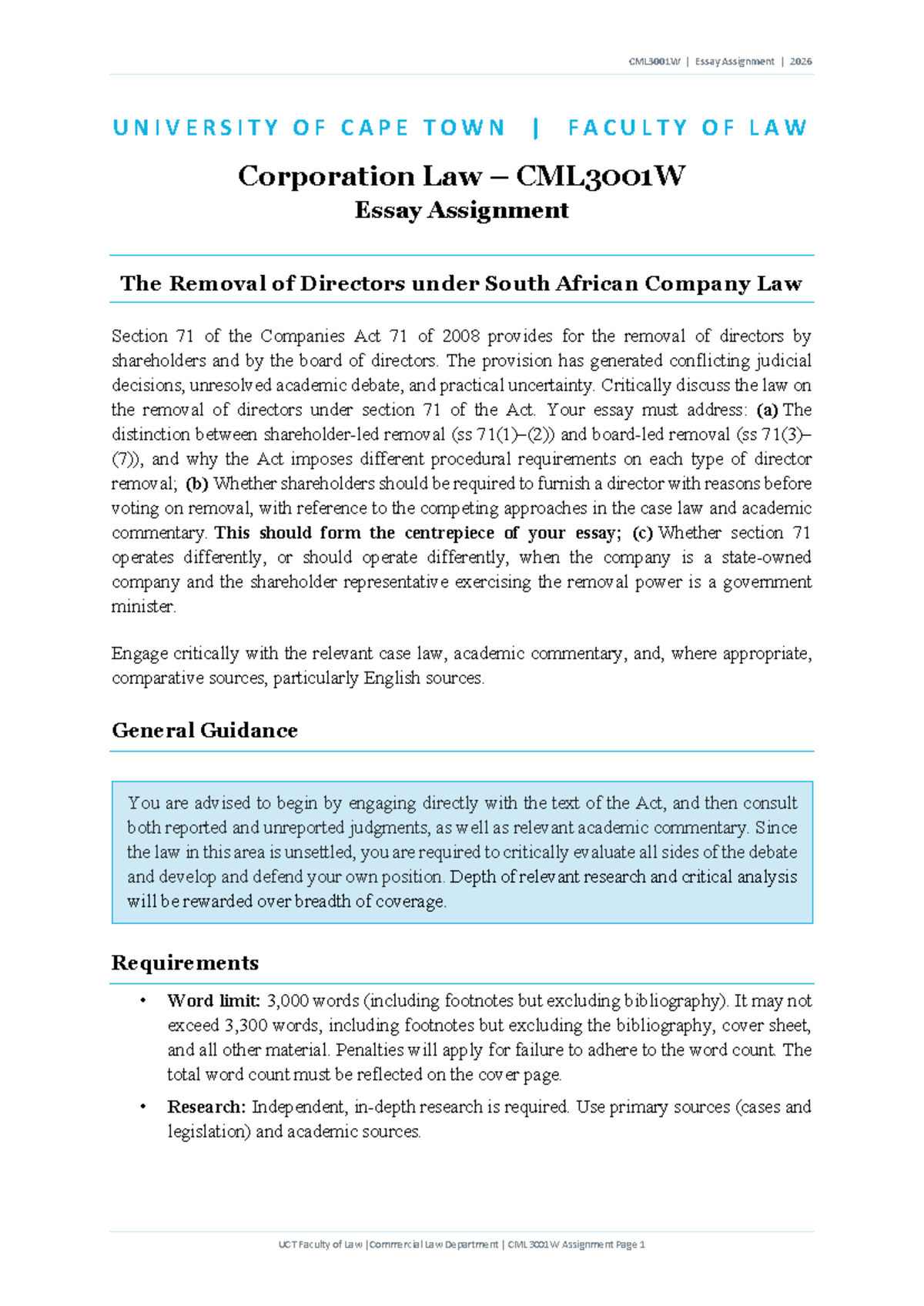 CML3001W Essay Assignment 2026: Analyzing Director Removal under SA Law ...