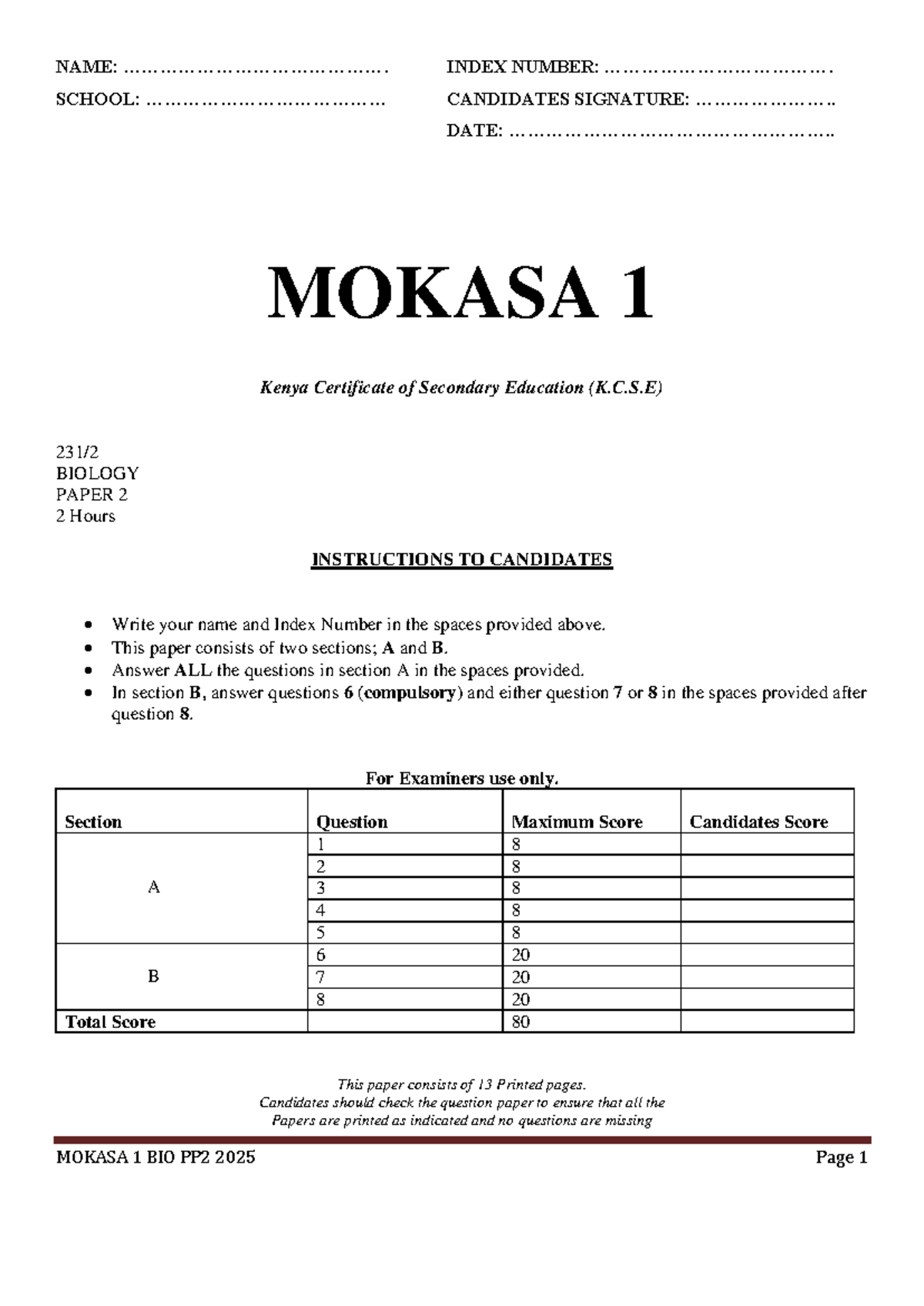 K.C.S.E Biology Paper 2 Questions - MOKASA 1 2025 - Studocu