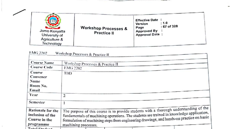 Course Outline for EMG 2202: Workshop Processes Practice II - Studocu
