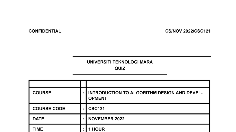 CSC121 NOV 2022 Quiz: Introduction to Algorithm Design & Development ...