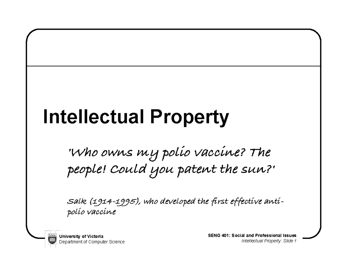 Intellectual Property and Copyright Issues: SENG 401 Lecture Notes ...