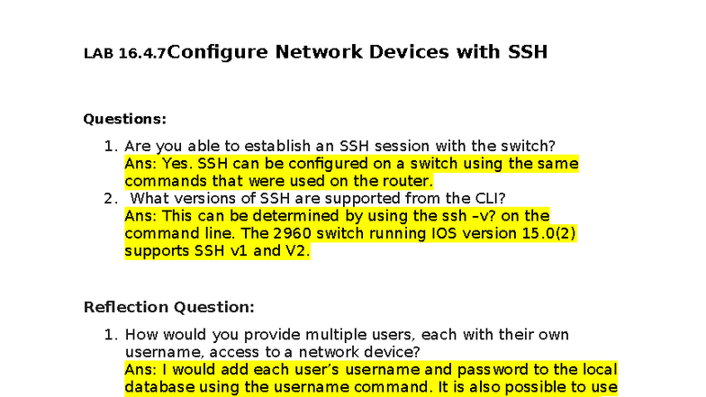 LAB 16.4.7: Configuring Network Devices with SSH - Q&A - Studocu