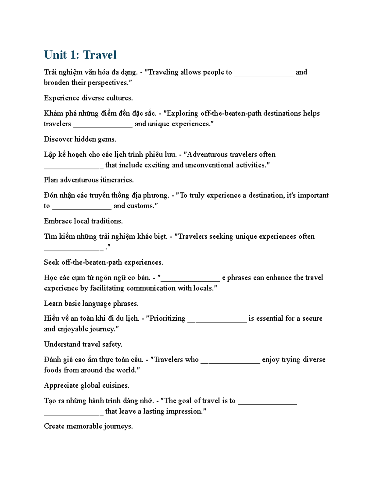 Unit 1: Travel - Cultural Experiences and Exploration - Studocu