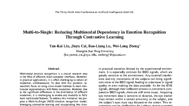 M2S Model for Emotion Recognition: Reducing Multimodal Dependency - Studocu