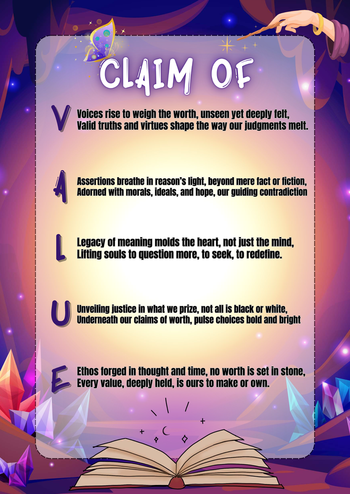 claim of value- acrostic poem - VV A A L L U U E E Voices rise to weigh ...