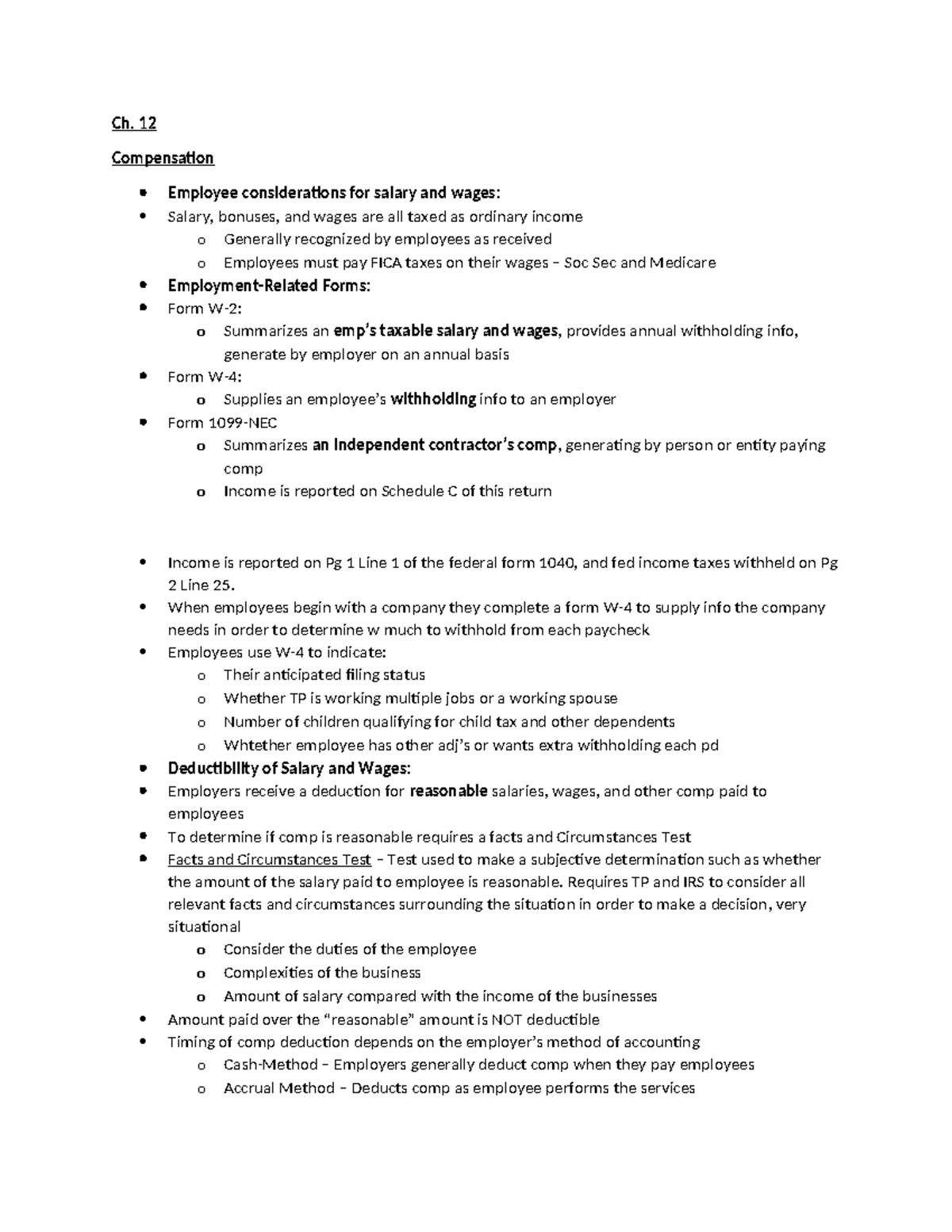 Ch12 Lecture Notes: Employee Compensation and Tax Implications - Studocu