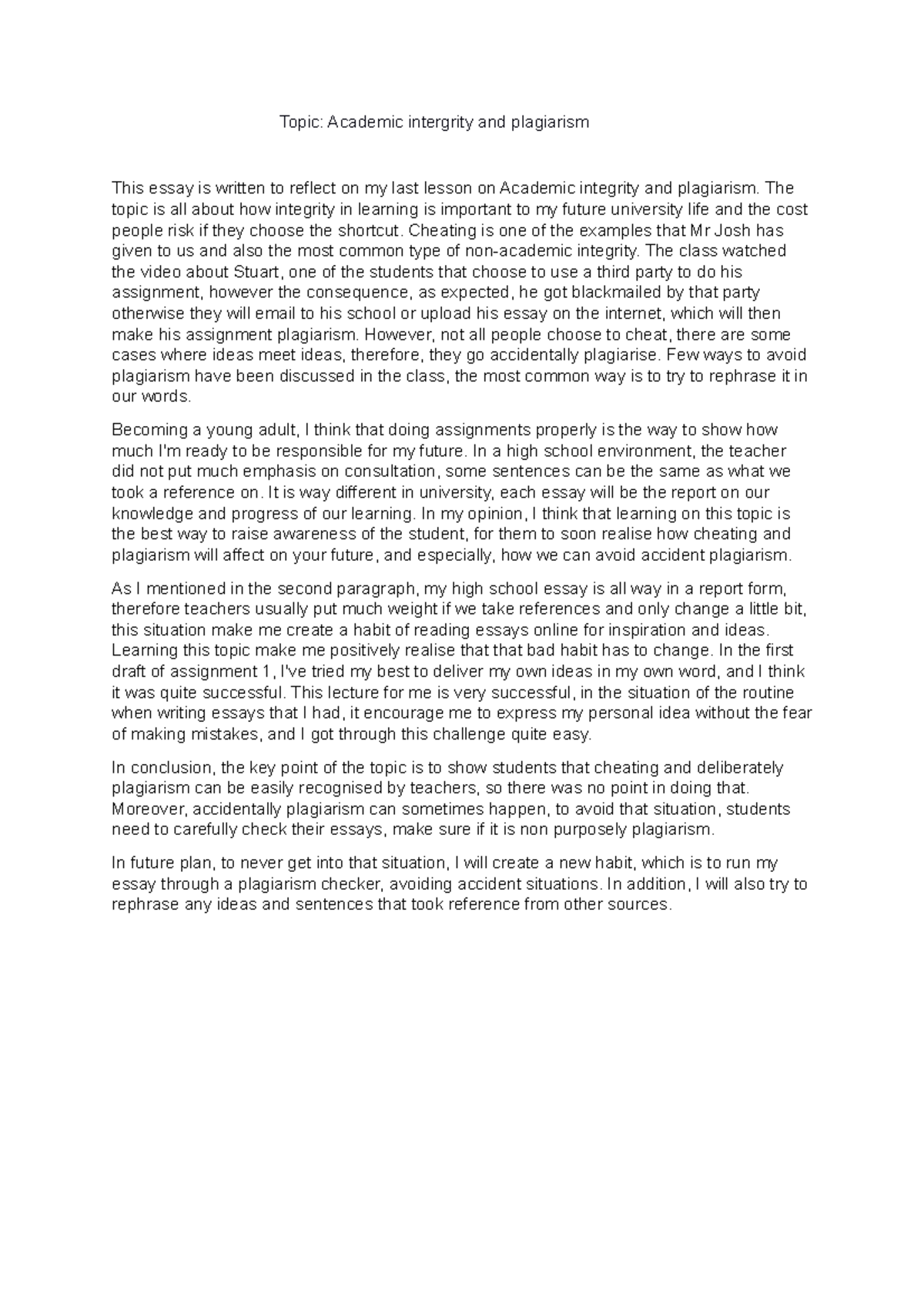 Academic-intergrity 1 - Topic: Academic intergrity and plagiarism This ...