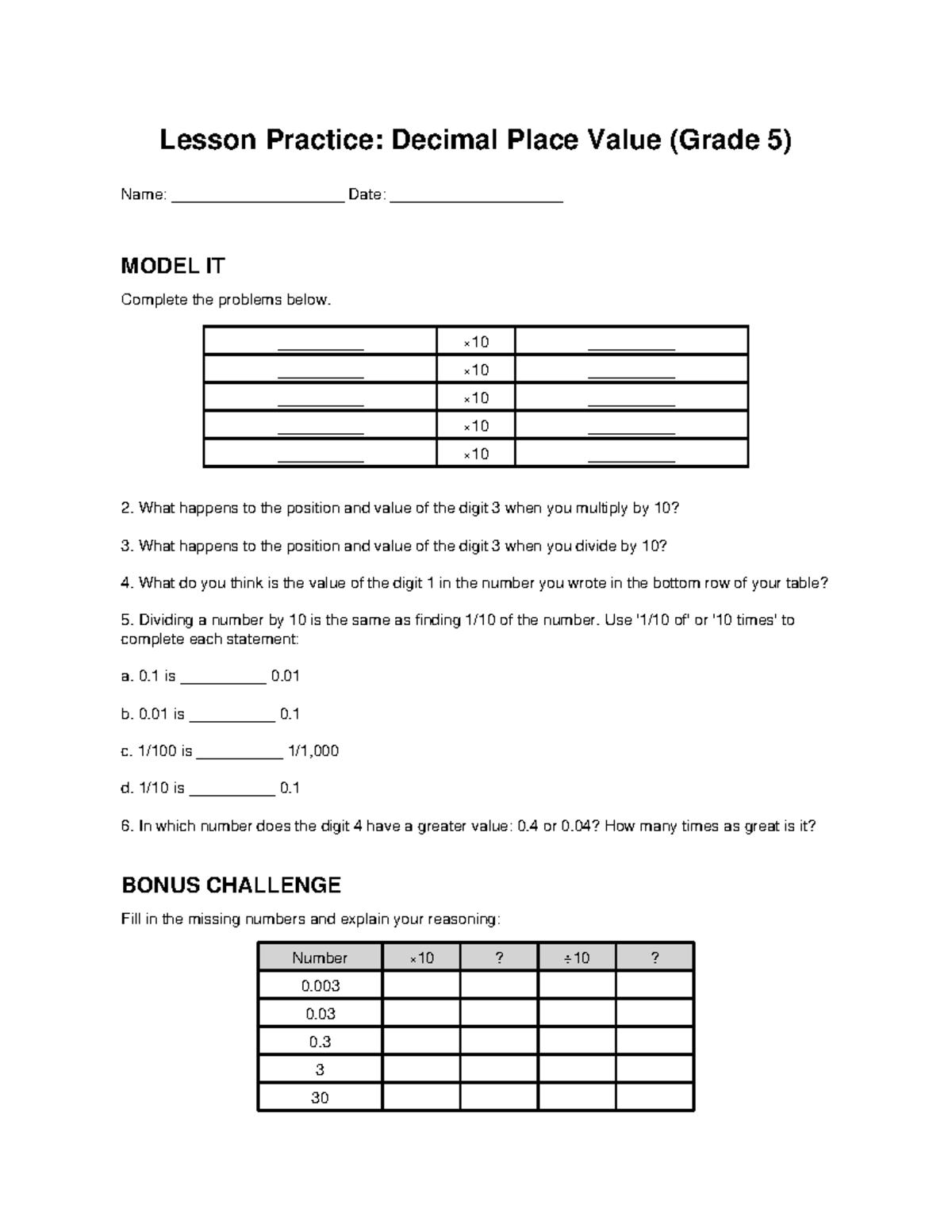 Decimal Place Value Lesson Practice (Grade 5) - Studocu