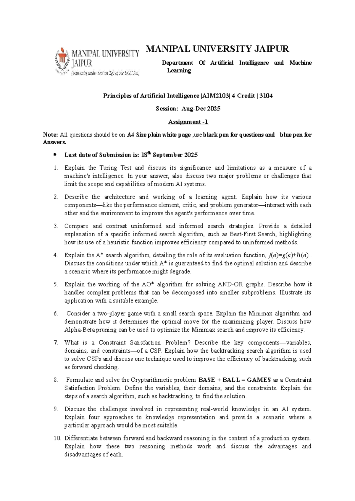 PAI 3104 Assignment 1: Key Questions on AI Principles - Studocu