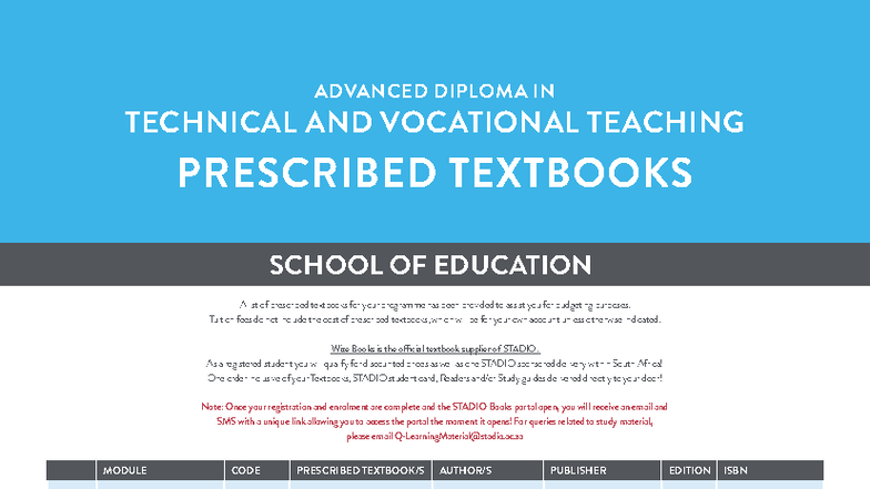 Stadio SOE Textbook List for ADVANCED DIPLOMA in TVET - Studocu