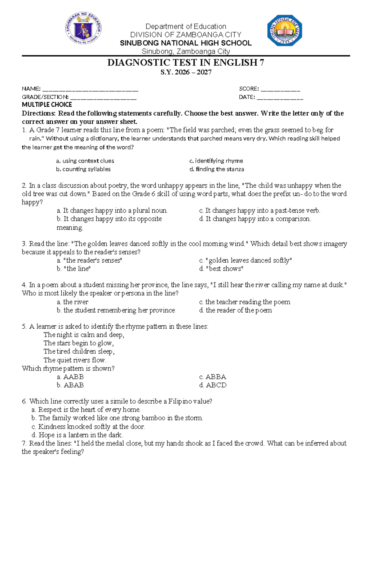 Eng. 7 Diagnostic Test: Multiple Choice Questions for S.Y. 2026-2027 ...